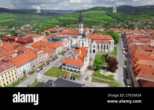 Aerial view of the historic center of Levoca town in summer, Slovakia ...