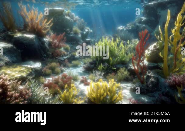 Underwater scene with tropical coral reef and colorful marine plants in ...