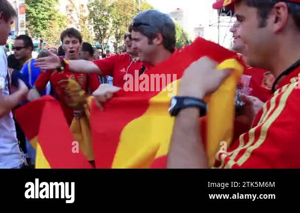 KIEV, UKRAINE - JULY 1: Spanish football fans before final match of ...