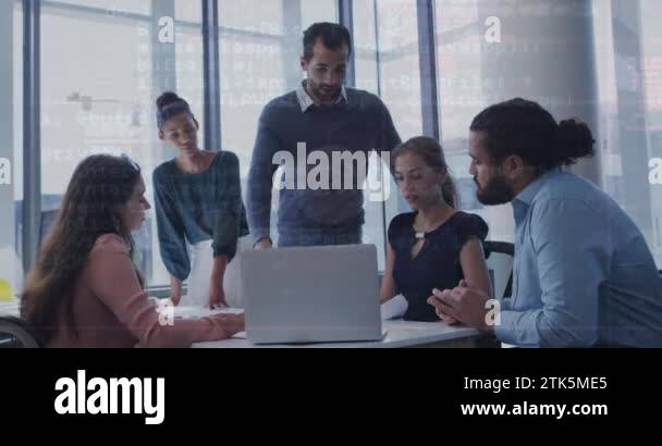 Animation of connected icons and programming language over diverse coworkers sharing ideas in ...