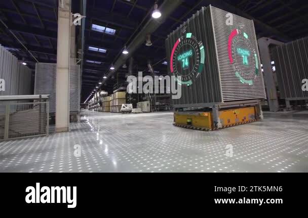 Automated factory with self-managed robots. Robots in an automated factory. Visualization of ...