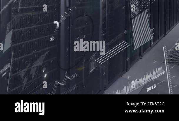 Animation of interface with spinning globe and data processing against computer server room ...