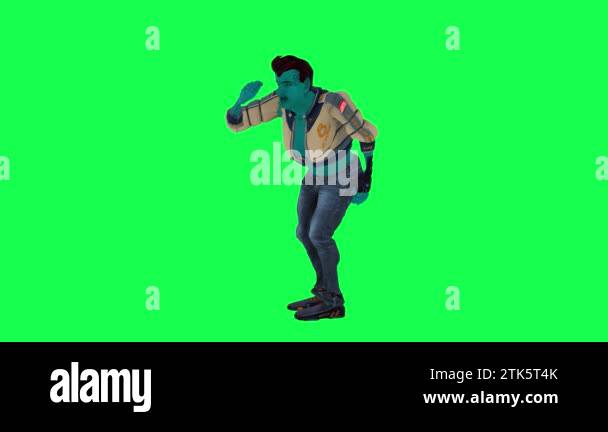 Blue 3D warrior character looking around and talking from right angle ...