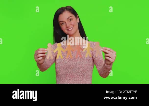 Woman showing multiracial different skin color human shape cut out of ...