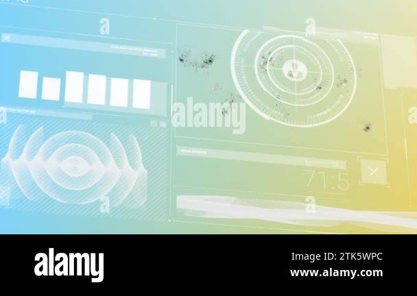Animation of interface with data processing against blue and yellow gradient background ...