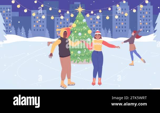 Animated ice skating illustration. Christmas activity. Ice rink ...
