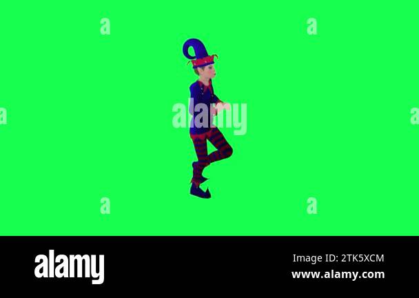 3D animated elf in red blue outfit running at high speed from left ...