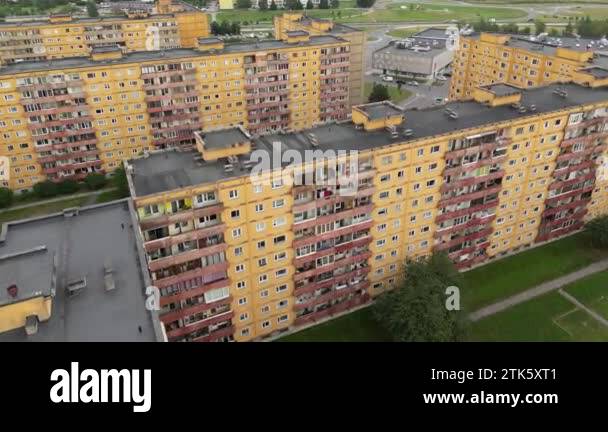 Chernobyl style old building. Aerial view over soviet architecture ...