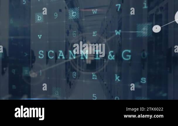 Animation of texts, numbers, letters, symbols and connected icons against server room. Digital ...
