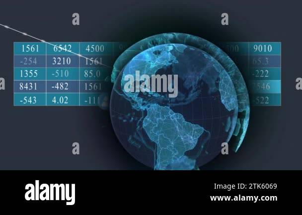 Animation of globe, numbers in chart with profile icons connected with ...