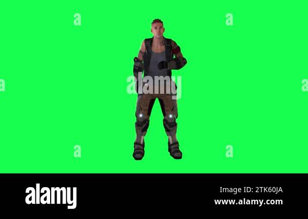 3d warrior man fighting and punching from opposite angle on green ...