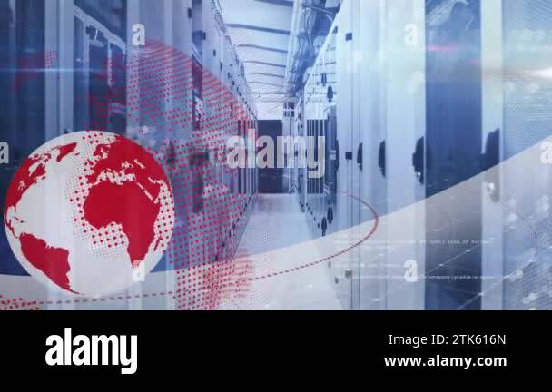 Animation of globes and computer language with lens flares over server ...