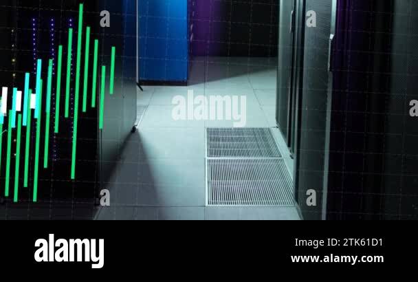 Animation of multicolored graphs over data server racks in server room ...