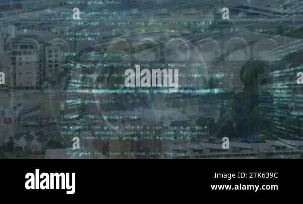 Animation of globe, dots and computer language over back panel of ...