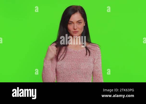 Angry aggressive woman trying to fight at camera, shaking fist, boxing ...