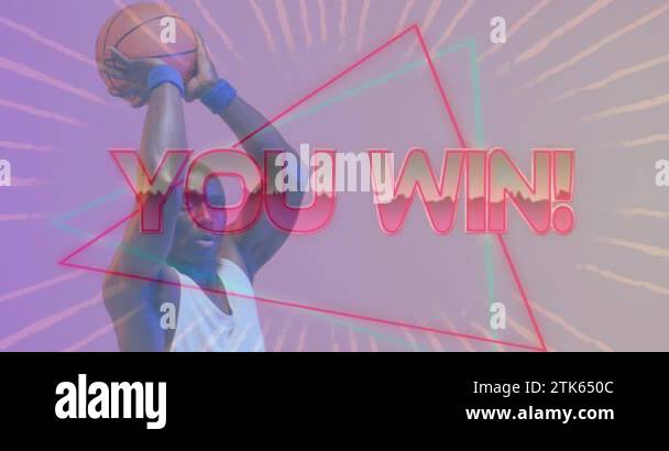 Animation of you win text over neon pattern and african american ...
