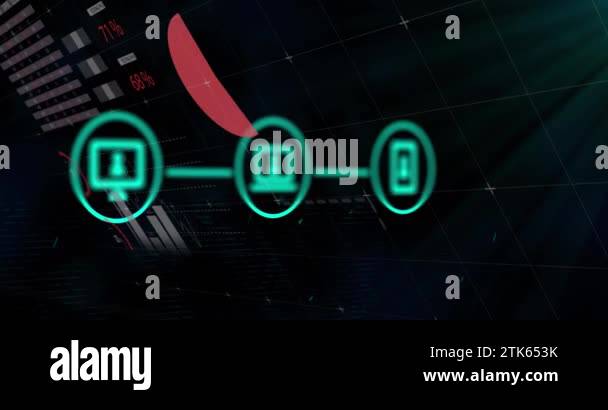 Animation of flowchart of icons with infographic interface over black background. Digitally ...