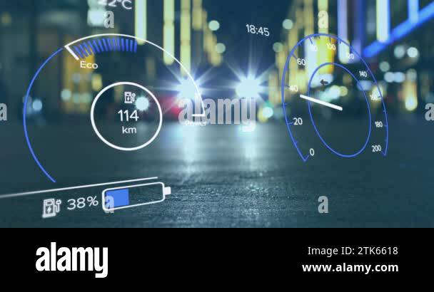 Animation of changing numbers and speedometer, battery icon, blurred moving vehicle on street ...