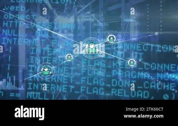 Animation of connected icons, lens flares and programming language against server room. Digital ...