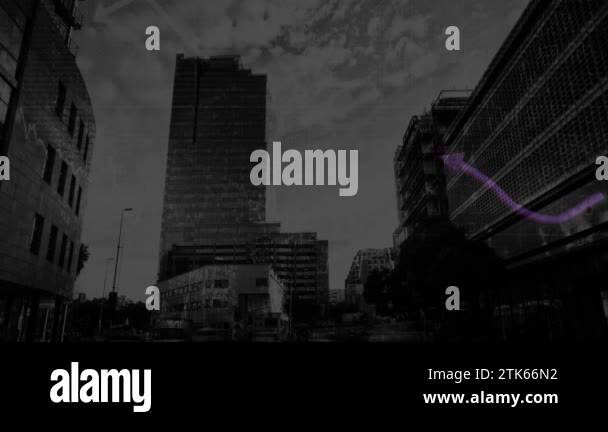 Animation of purple line graph showing growth against modern buildings ...