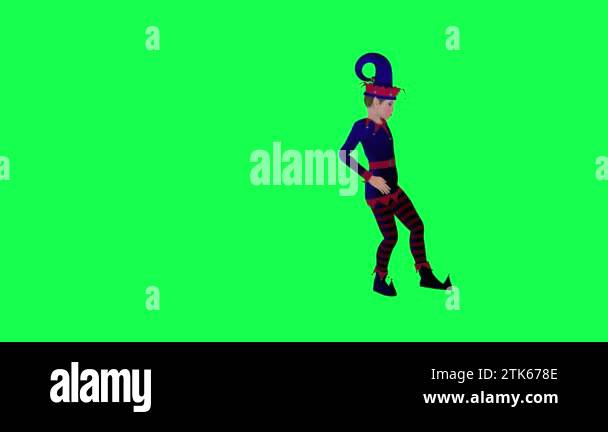 3D animated New Year party elf dancing hip-hop from left angle on green ...