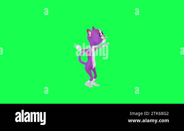Animated talking purple cat doing folk dance from left angle on green ...