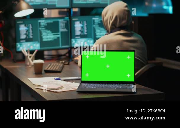 Young Data Thief Using Greenscreen To Break Into It Server Coding And Programming On Multiple