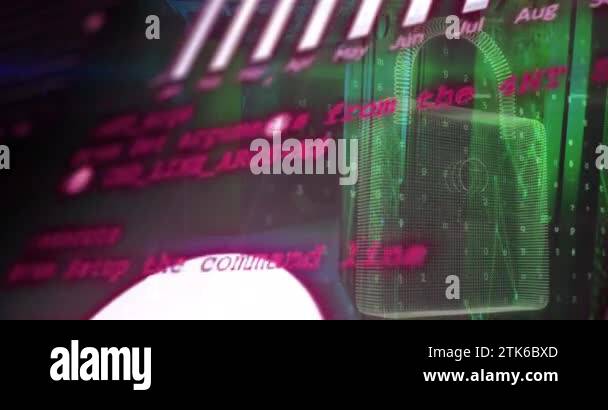 Animation of globe, graphs, computer language, padlock, letters, symbols, numbers over server ...