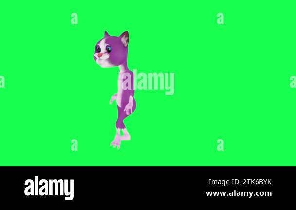 Purple 3D animated cat dancing hand and foot from left angle on green ...