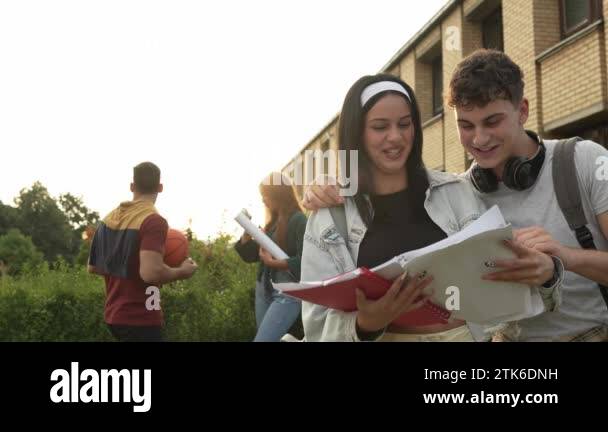group of teenage students couples gen z study in front of school ...