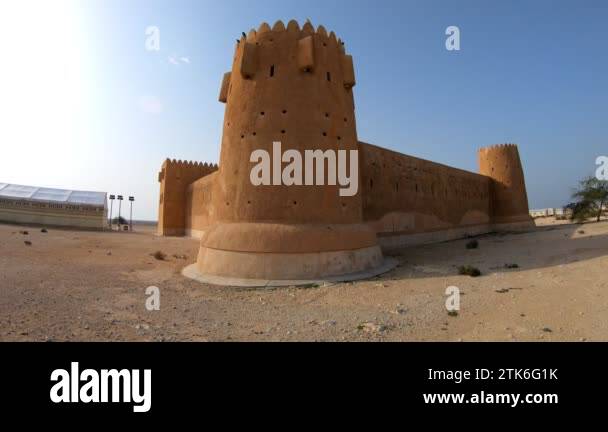 Travel in North of Qatar at Al Zubara Fort. Entrance of old castle, a ...