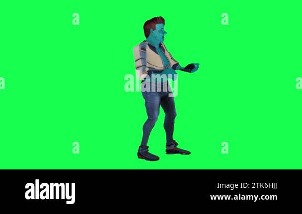 Blue 3D cartoon mercenary man takes out his gun and puts it back in ...