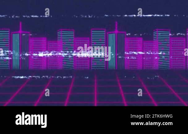 Animation of static effect over 3d city model against purple background ...