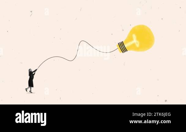 Stop motion, animation. Woman, employee holding light bulb symbol sign ...