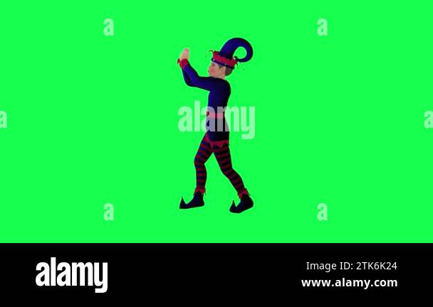 3D cartoon elf clown in red blue dress dancing and happy from front ...