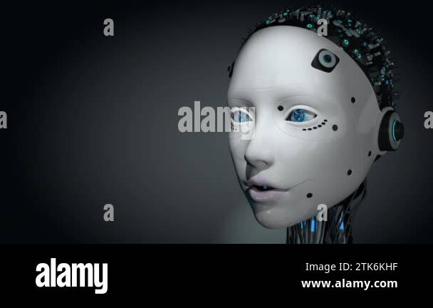 Close up of female humanoid robot head with glowing white skin talking ...