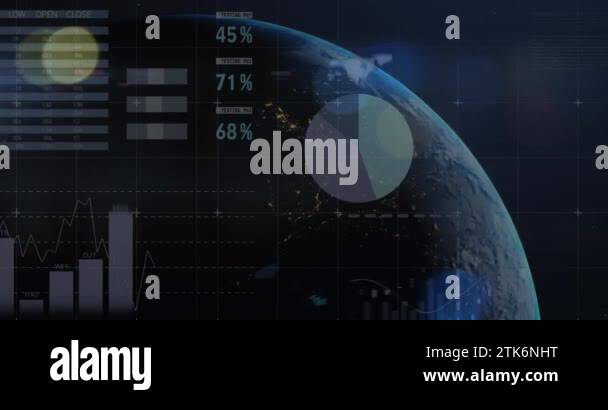 Animation of infographic interface over lens flares and rotating globe against space. Digitally ...