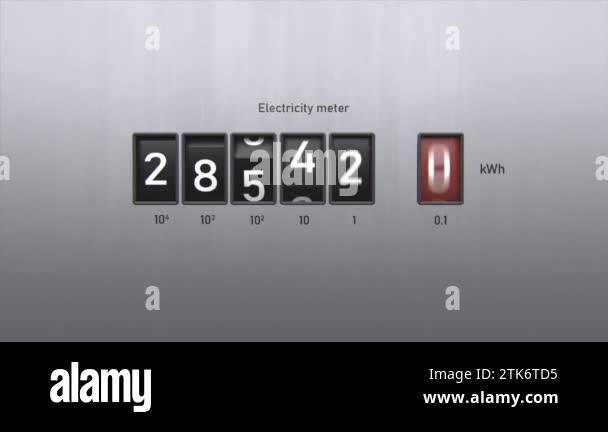 3D animation of electricity meter. Close-up view of kWh counter ...