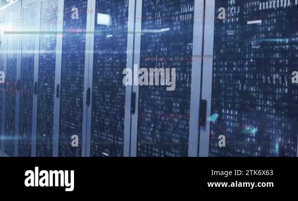 Animation Of Mathematical Equation And Lines Over Binary Codes On Data Server Racks Digital