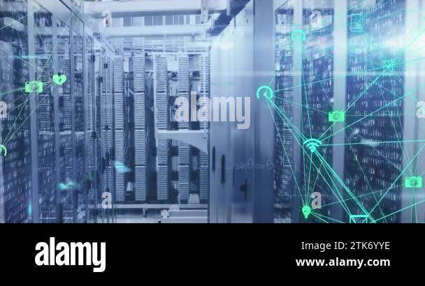 Animation of connected icons forming globes with mathematical equations on data server racks ...