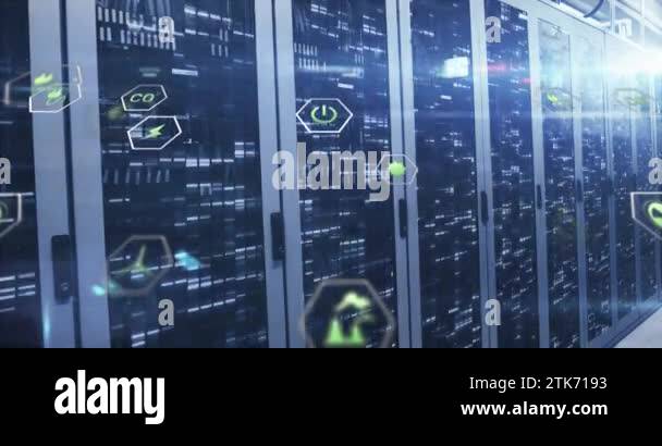 Animation of multiple icons with lens flares over bars on data server racks in server room ...