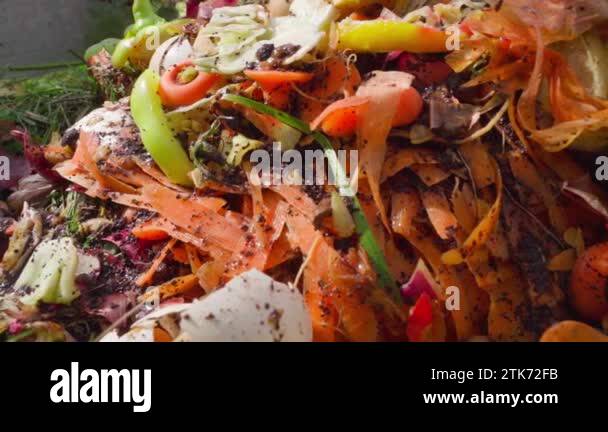 Food waste on a compost heap close-up. Smooth camera movement ...