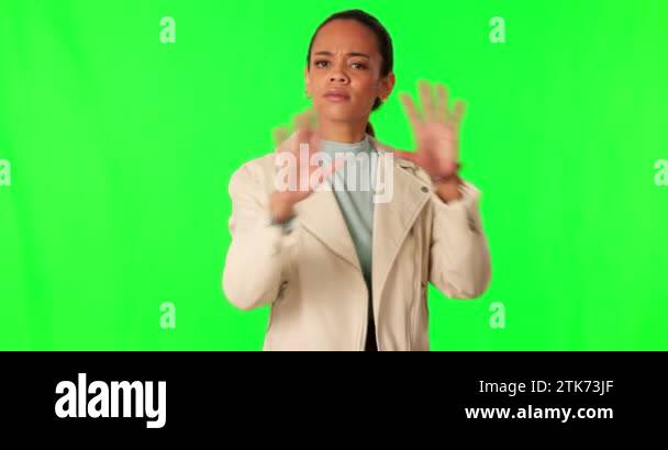 Woman, stop and no hand sign with face and green screen with open palm ...