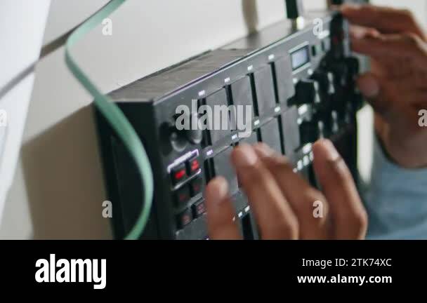 Man hands using console keyboard vertical closeup. Unrecognizable ...