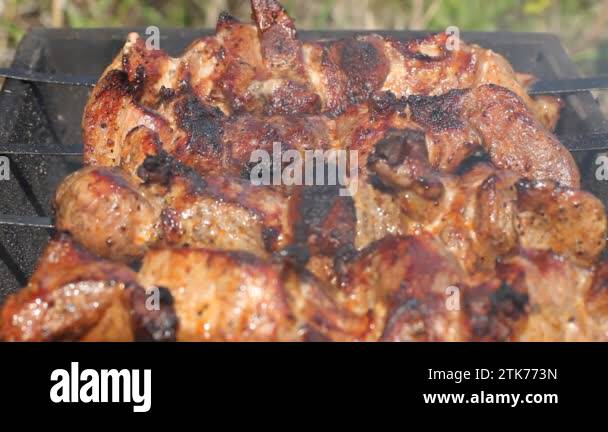 Grilling marinated shashlik (skewered meat) on a grill. Hot birch coal ...