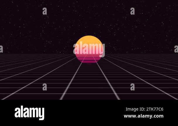 Retro-futuristic 80s synthwave sun grid background. Seamless looped ...