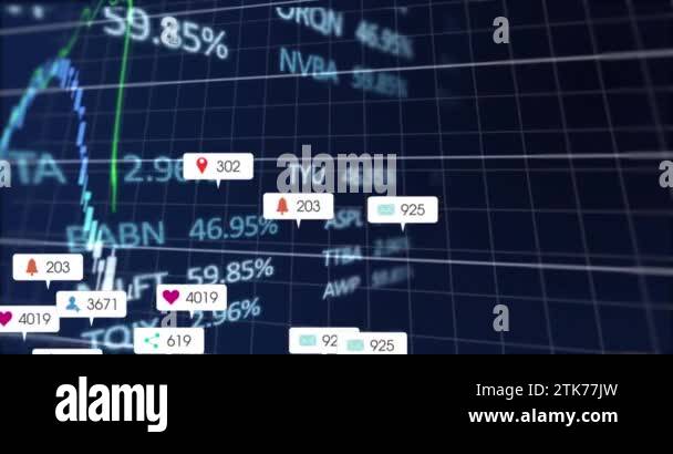Animation of notification bars, graphs and trading board over black background. Digitally ...