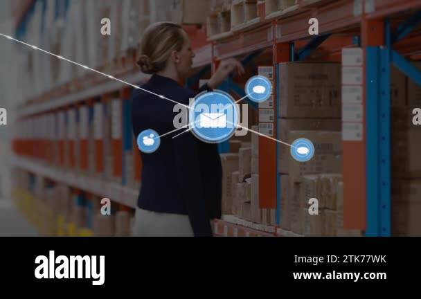 Animation of icons connecting with lines over stressed caucasian woman ...