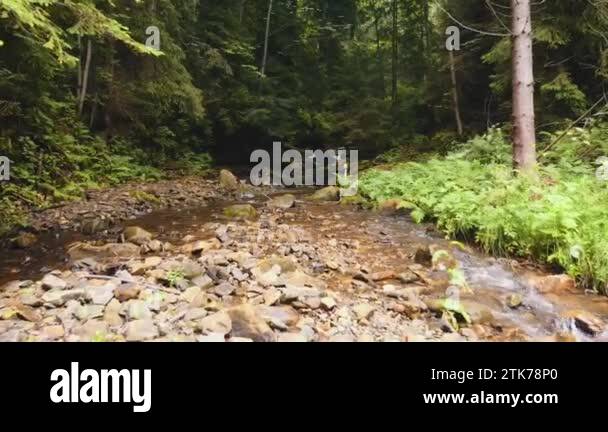 Slow flight over a fast mountain river , blue cold water in a mountain ...