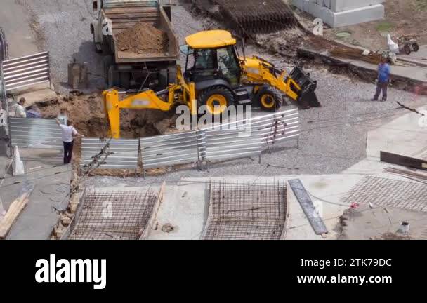 Road construction site with tram tracks repair and maintenance aerial ...